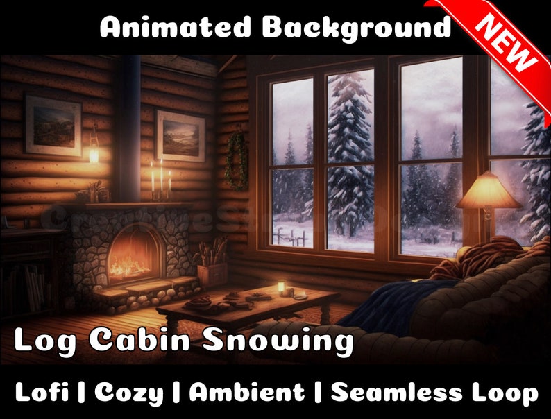 ANIMATED BACKGROUND | Log Cabin Room With Fireplace During Snowfall ...
