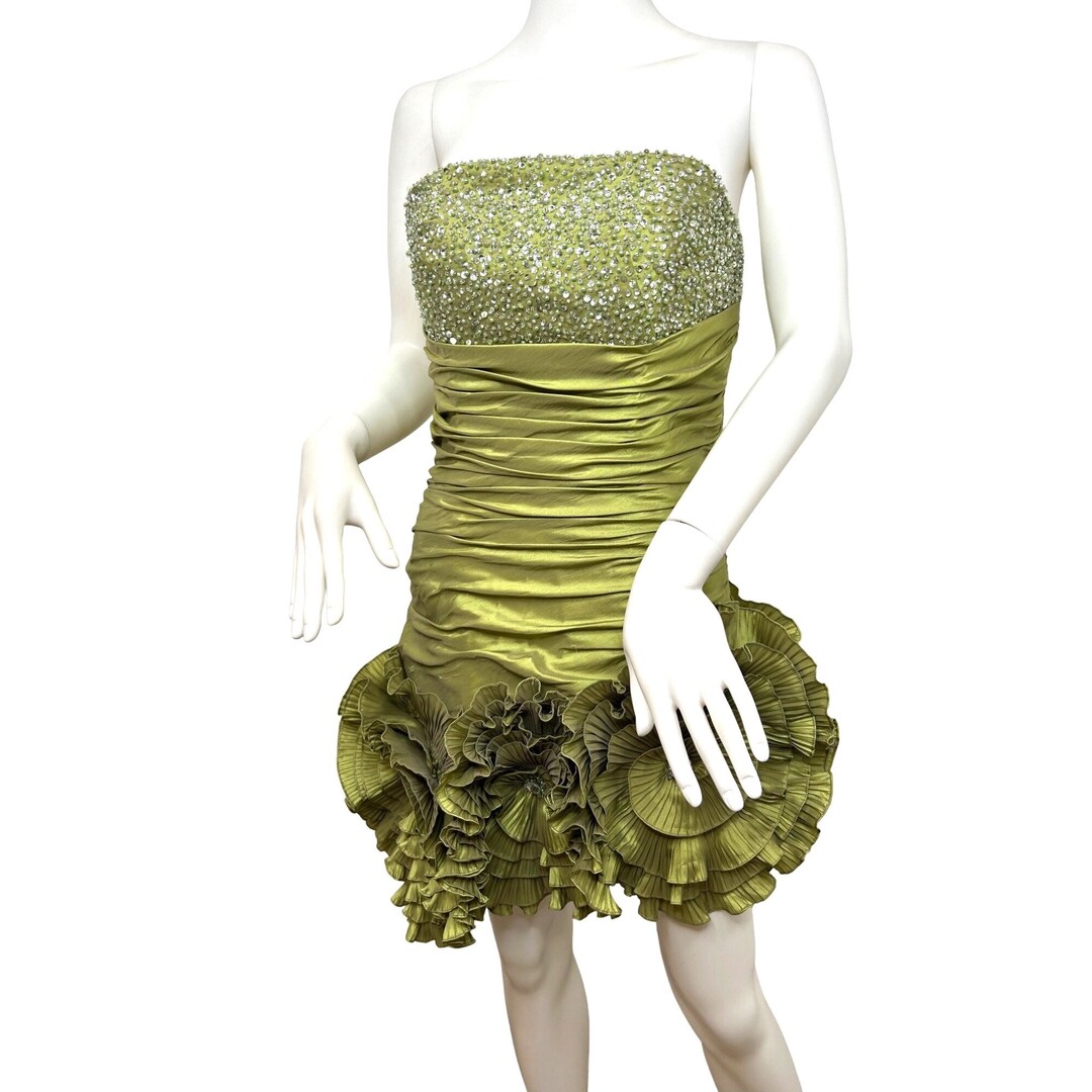Prom Dress Mini Strapless Vintage 10 Green Rhinestones Beads Sequins ...
