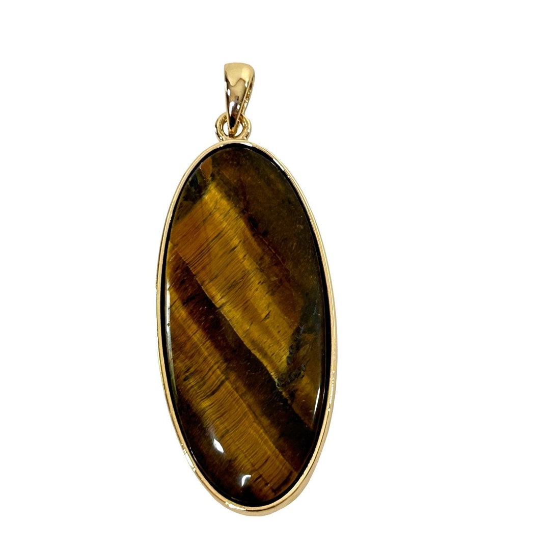 Tiger’s Eye Natural Stone Pendant Handmade Oval Shiny Gold Tone Setting ...