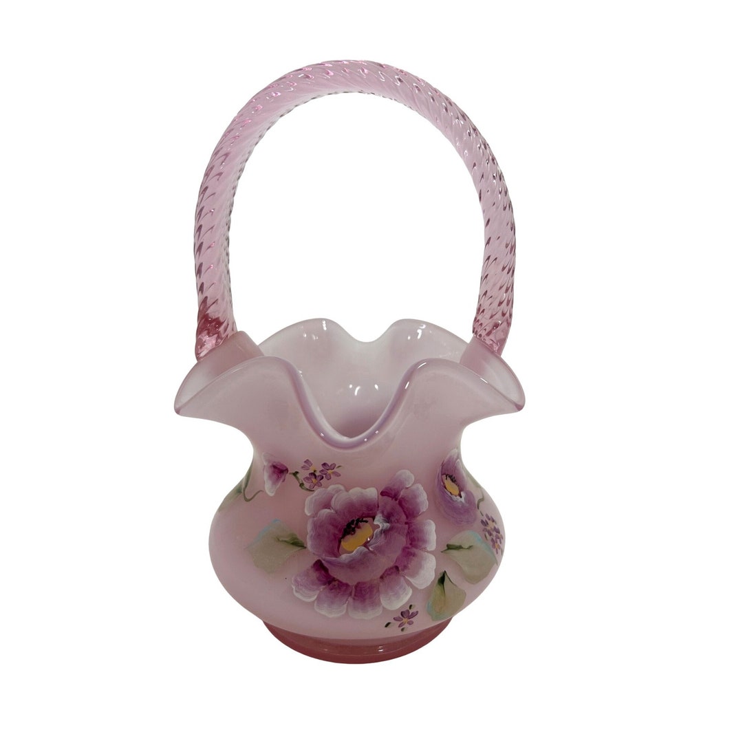 Fenton Art Glass Pottery Basket Pink Floral Vintage Hand Painted Signed ...