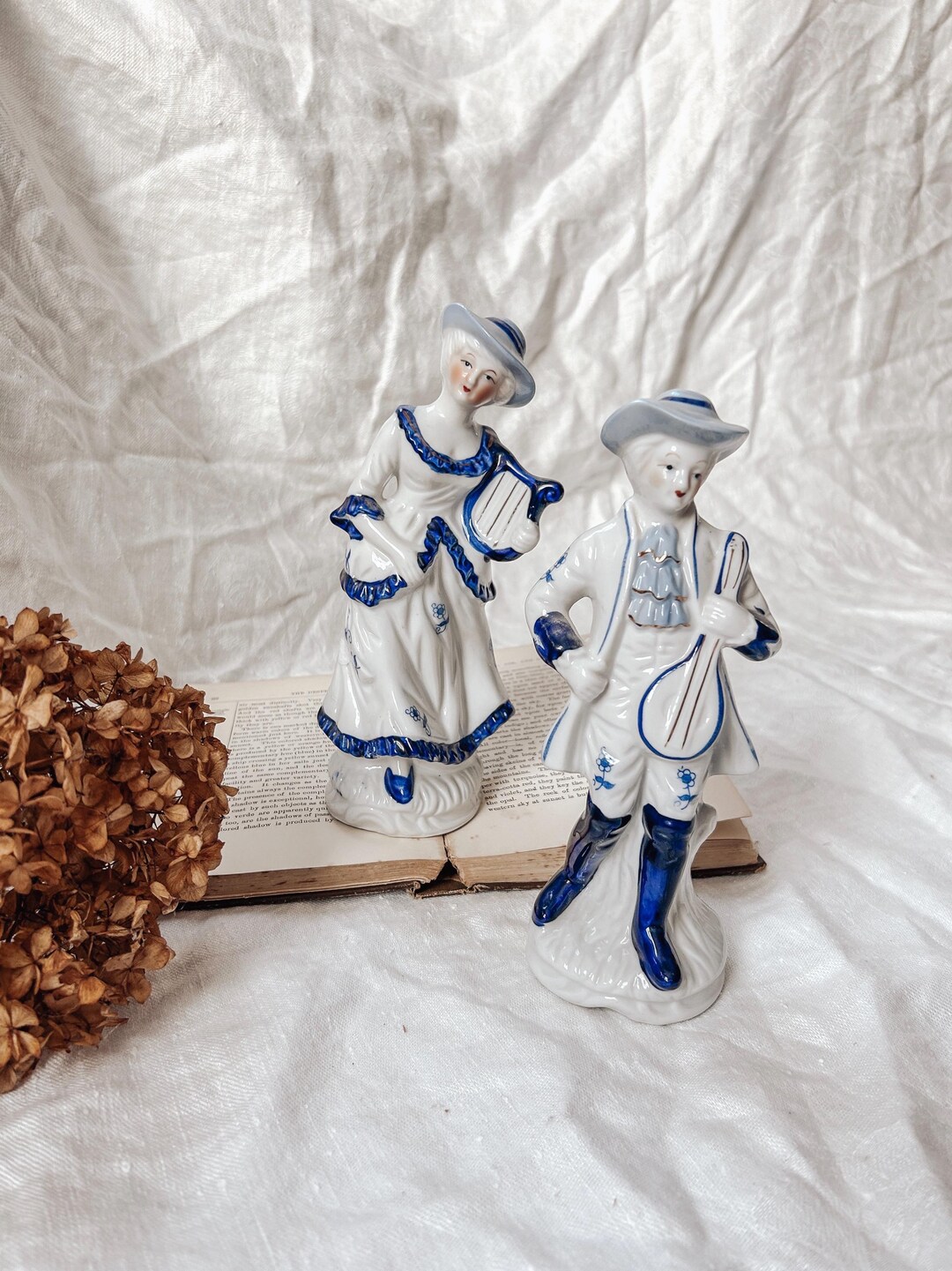 Vintage Delft Style Porcelain Figurines: Dutch Couple With Lyre ...