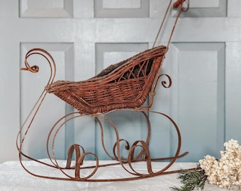 Vintage Red Wicker and Black Metal Santa Sled, Wicker Doll Sleigh ...
