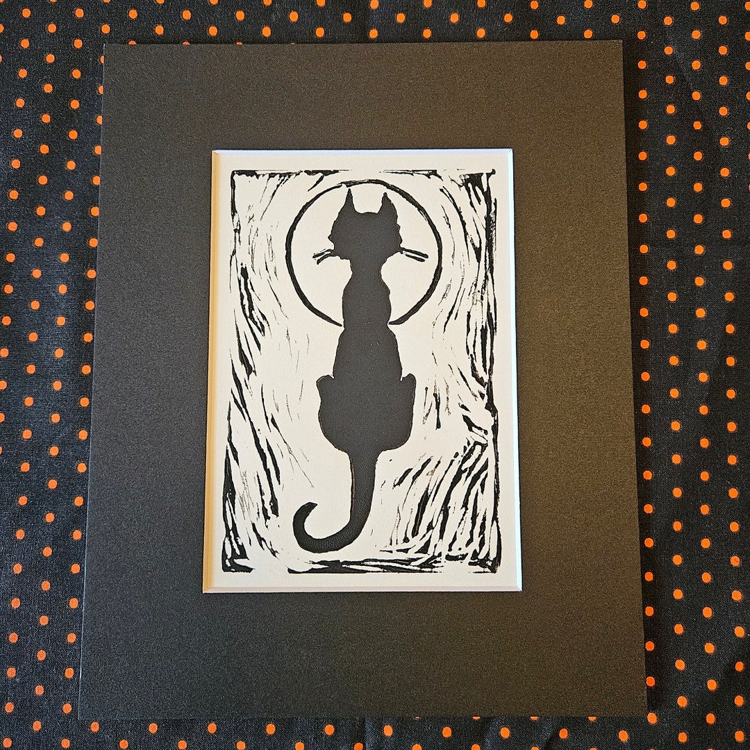 Halloween Black Cat Linocut Print - Etsy
