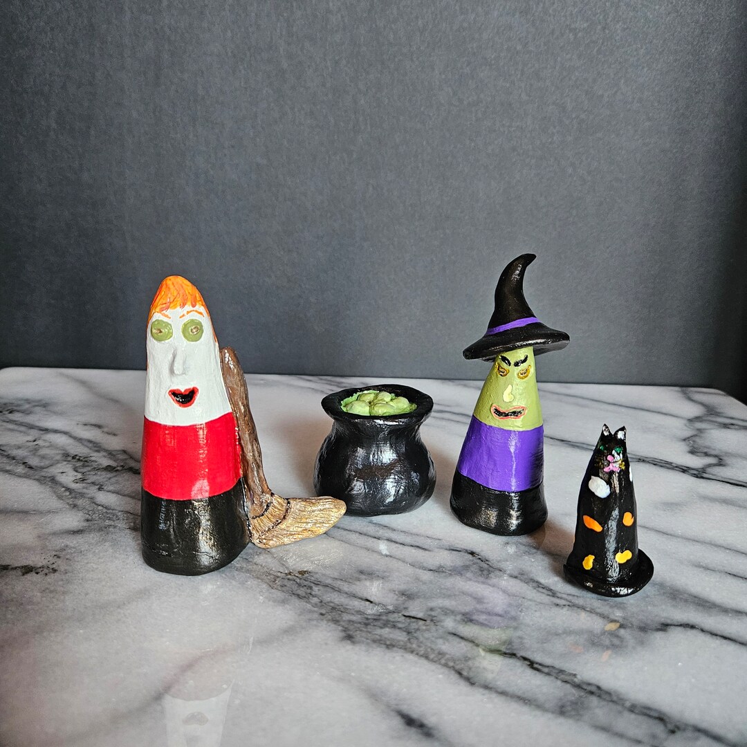 Clay Candy Corn Witches Figurine Set- Rowena, Prudence, Cat & Cauldron ...