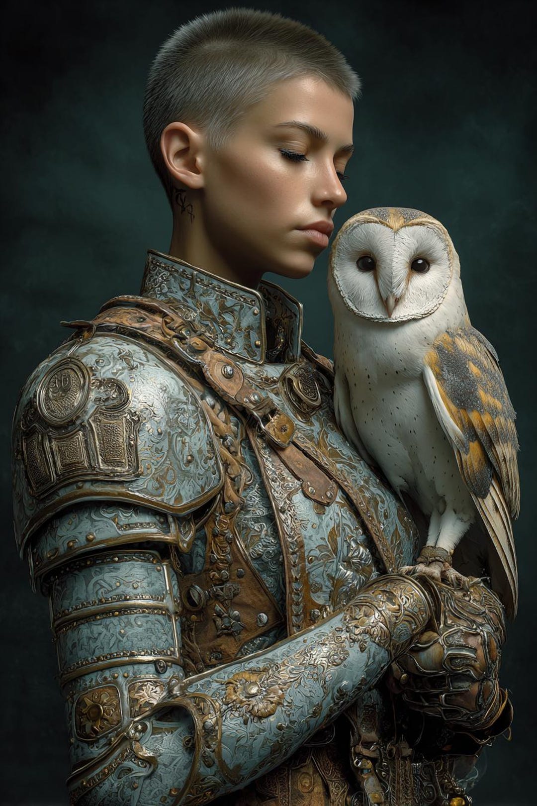 Young Girl Warrior in Medieval Armour Holding a Barn Owl Cross Stitch ...