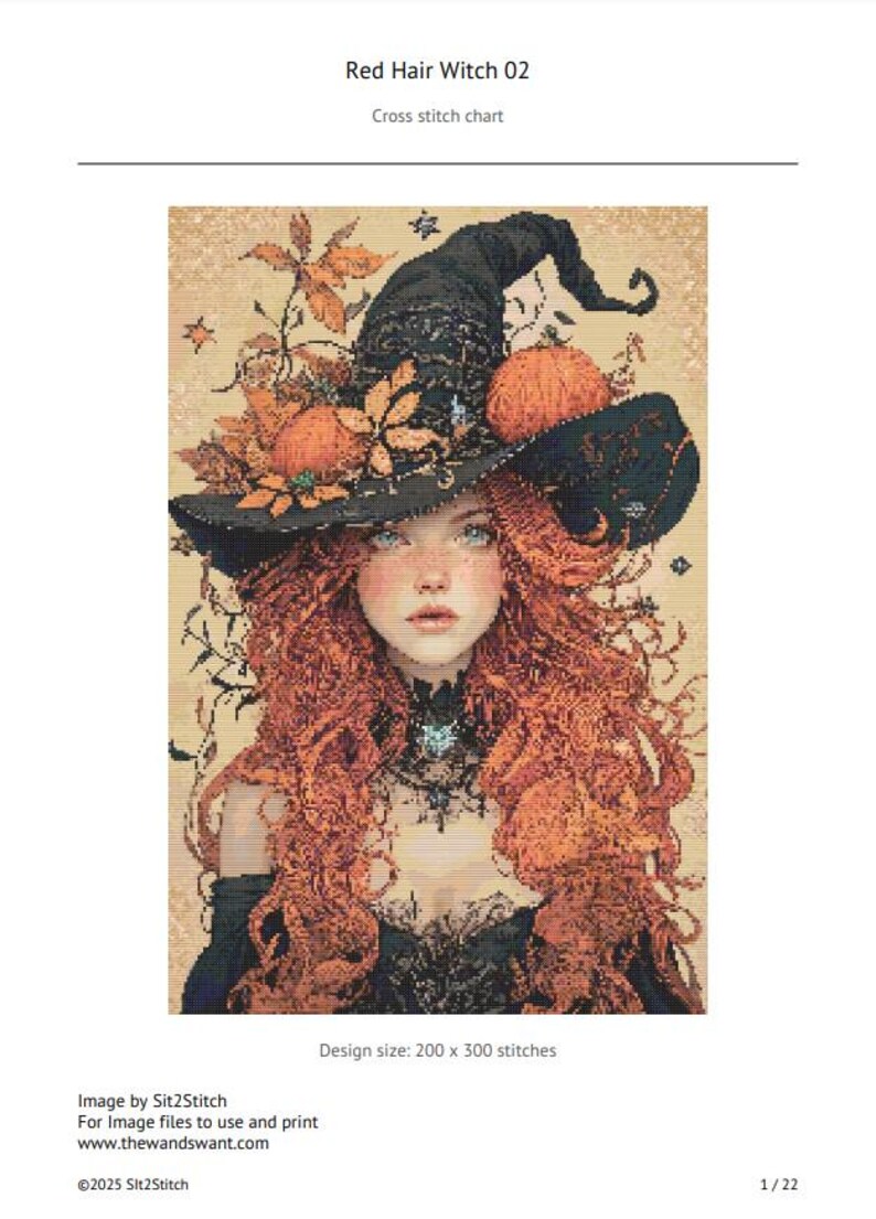 Red Hair Witch Halloween Cross Stitch Pattern. Instant PDF Download ...