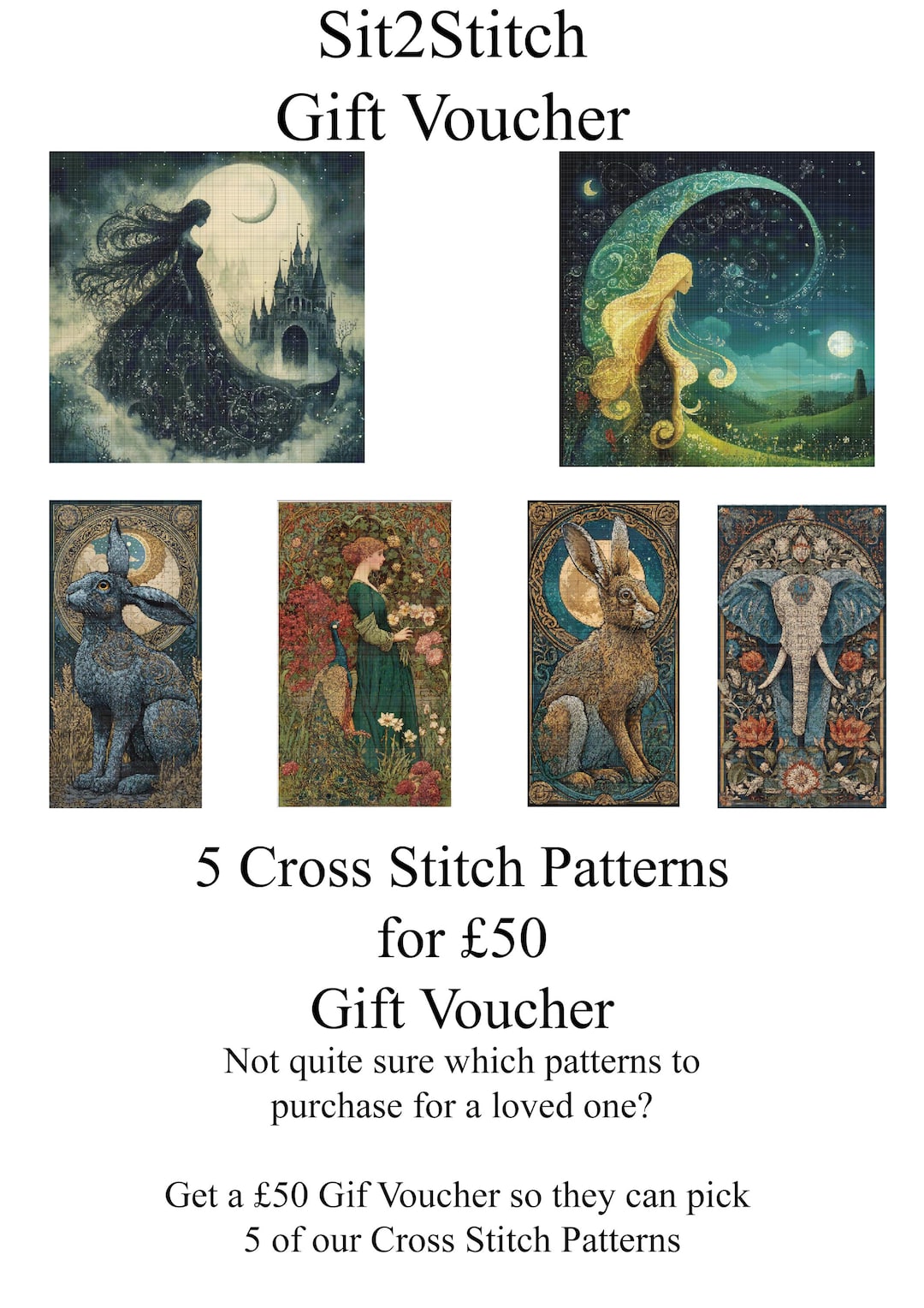 Cross Stitch Pattern Gift Voucher. 5 Patterns for Fifty Pounds. Instant ...