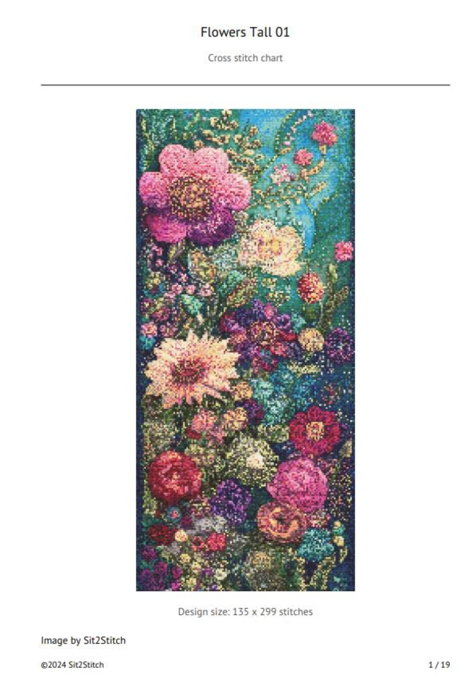 Flowers Tall Cross Stitch Pattern. PDF Downloadable Cross Stitch ...