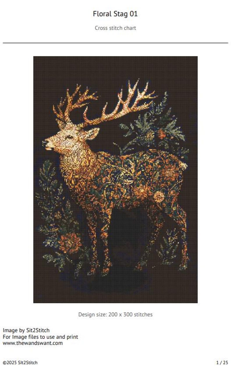 Floral Stag Cross Stitch Pattern. Instant PDF Download. 60k Stitches ...