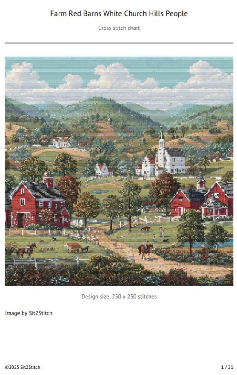 Farm Cross Stitch Pattern: Red Barns, White Church (PDF Download ...