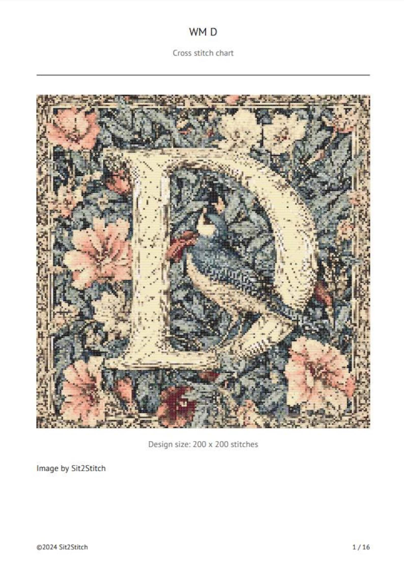 Letter D Cross Stitch Pattern: William Morris Style (PDF Download) - Etsy