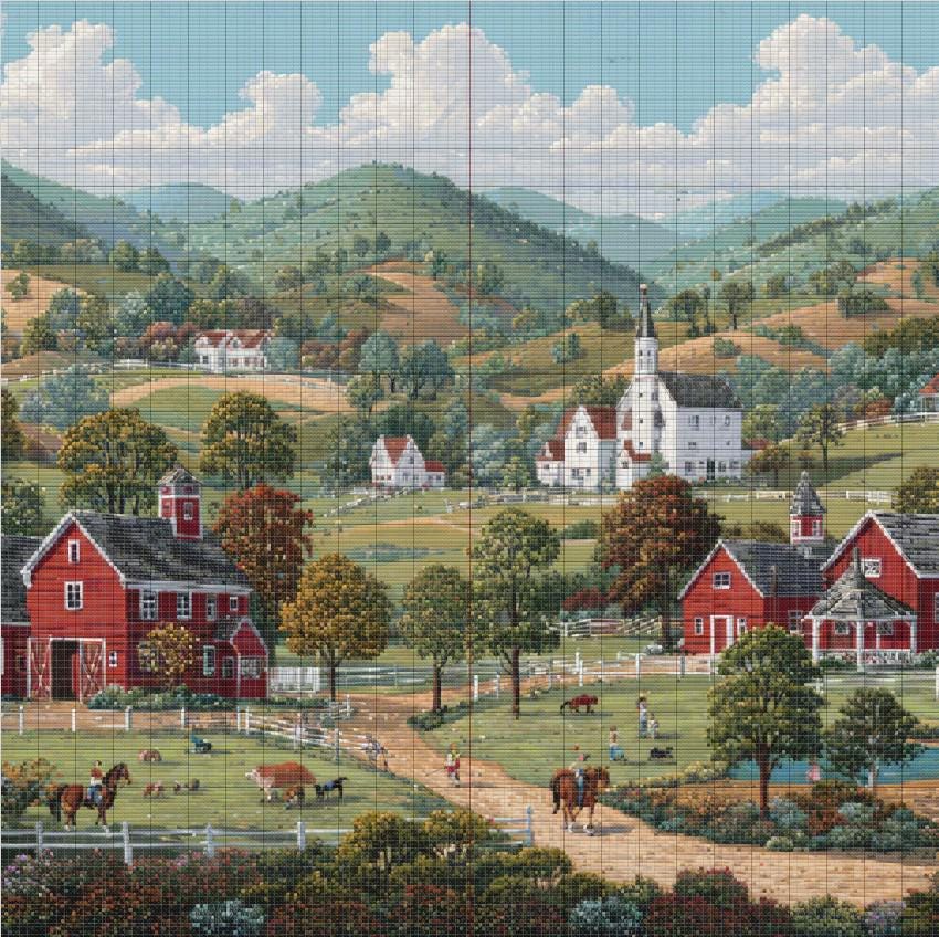 Farm Cross Stitch Pattern: Red Barns, White Church (PDF Download ...