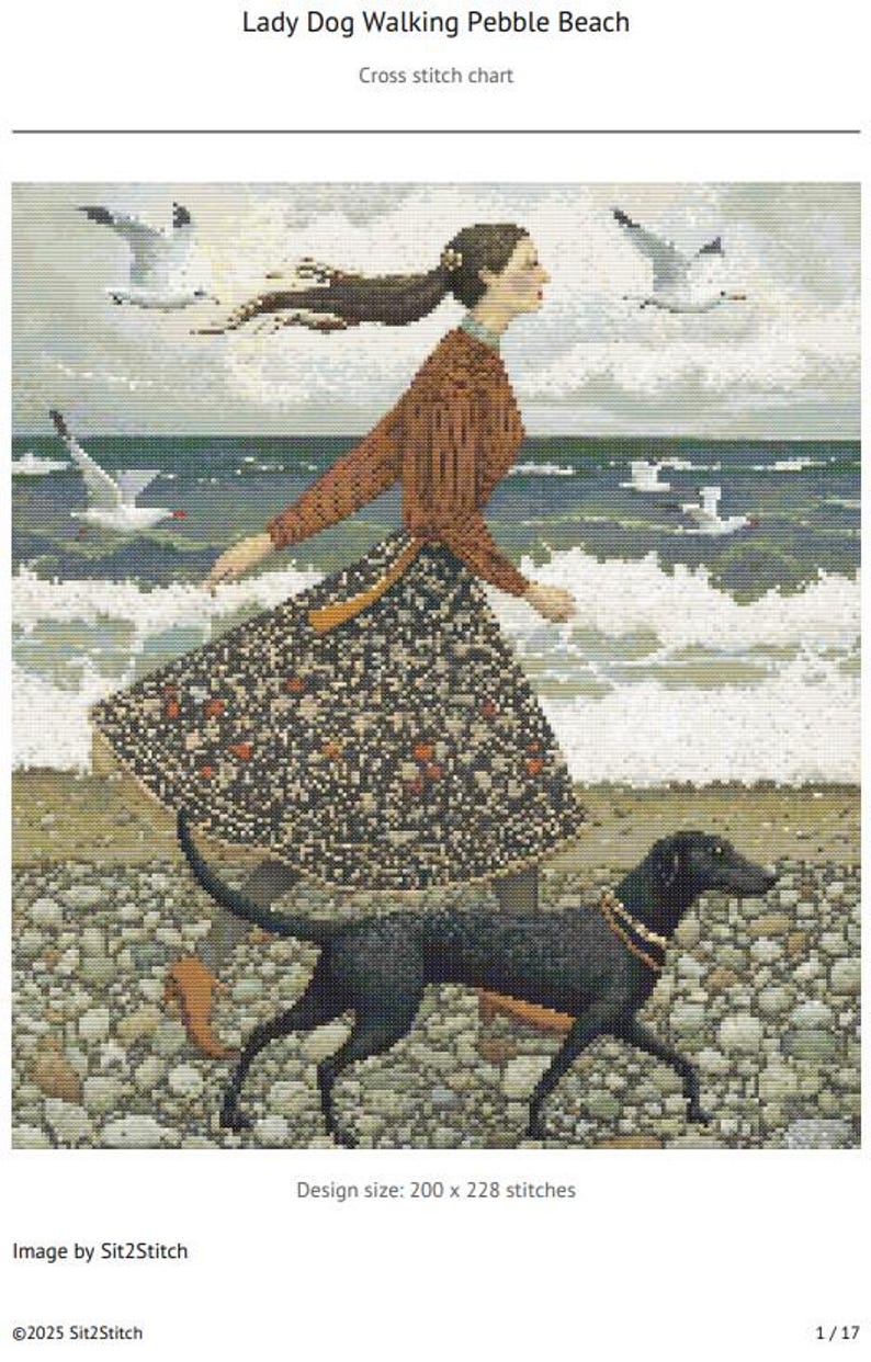 Lady Dog Walking Pebble Beach Cross Stitch Pattern. Instant PDF ...