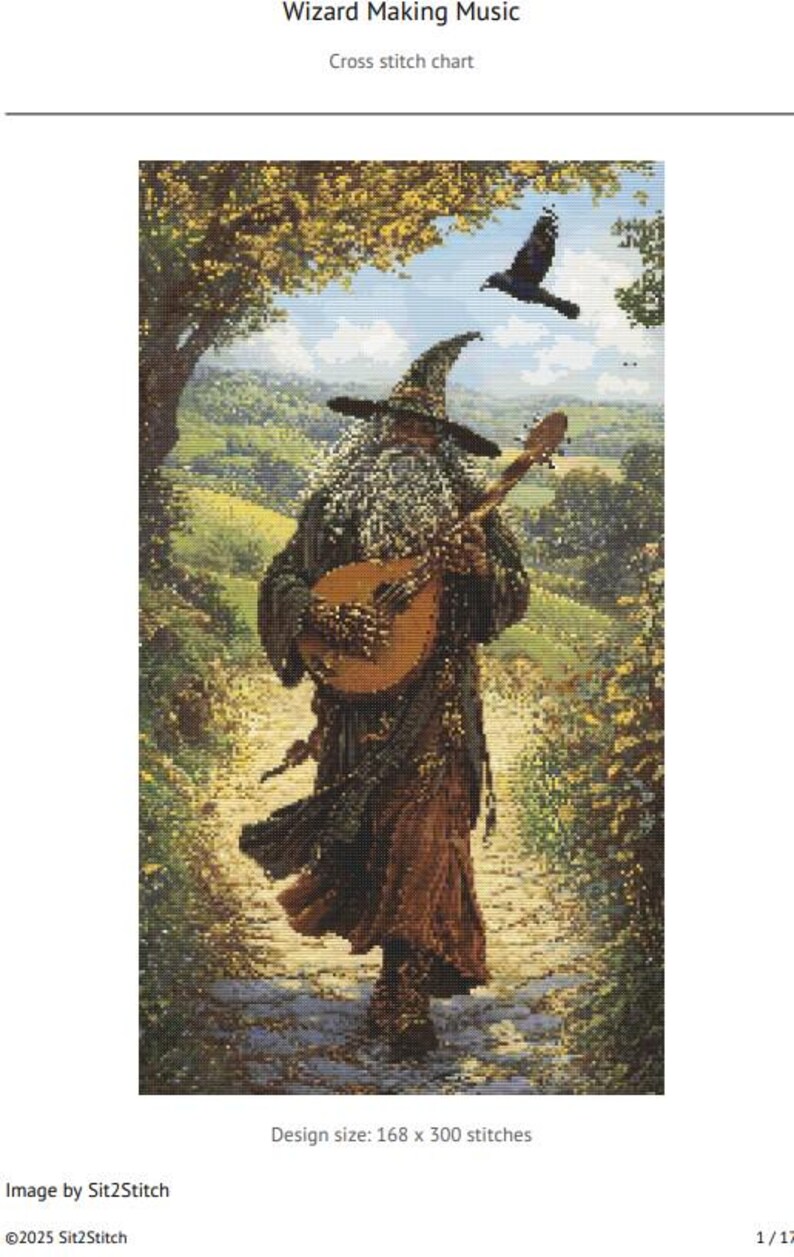 Wizard Making Music Guitar Walking Cross Stitch Pattern. Instant PDF ...