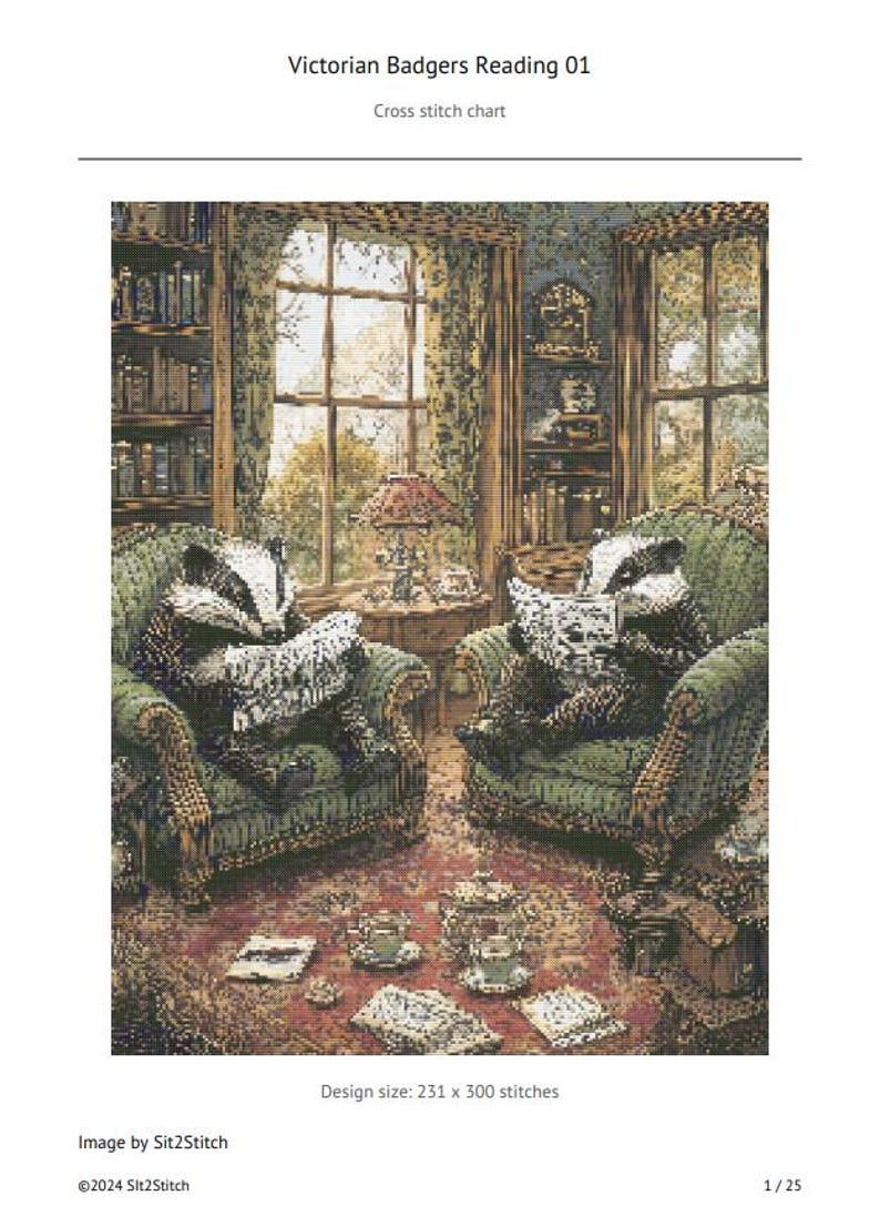 Victorian Badgers Reading Cross Stitch Pattern. Instant PDF Download ...