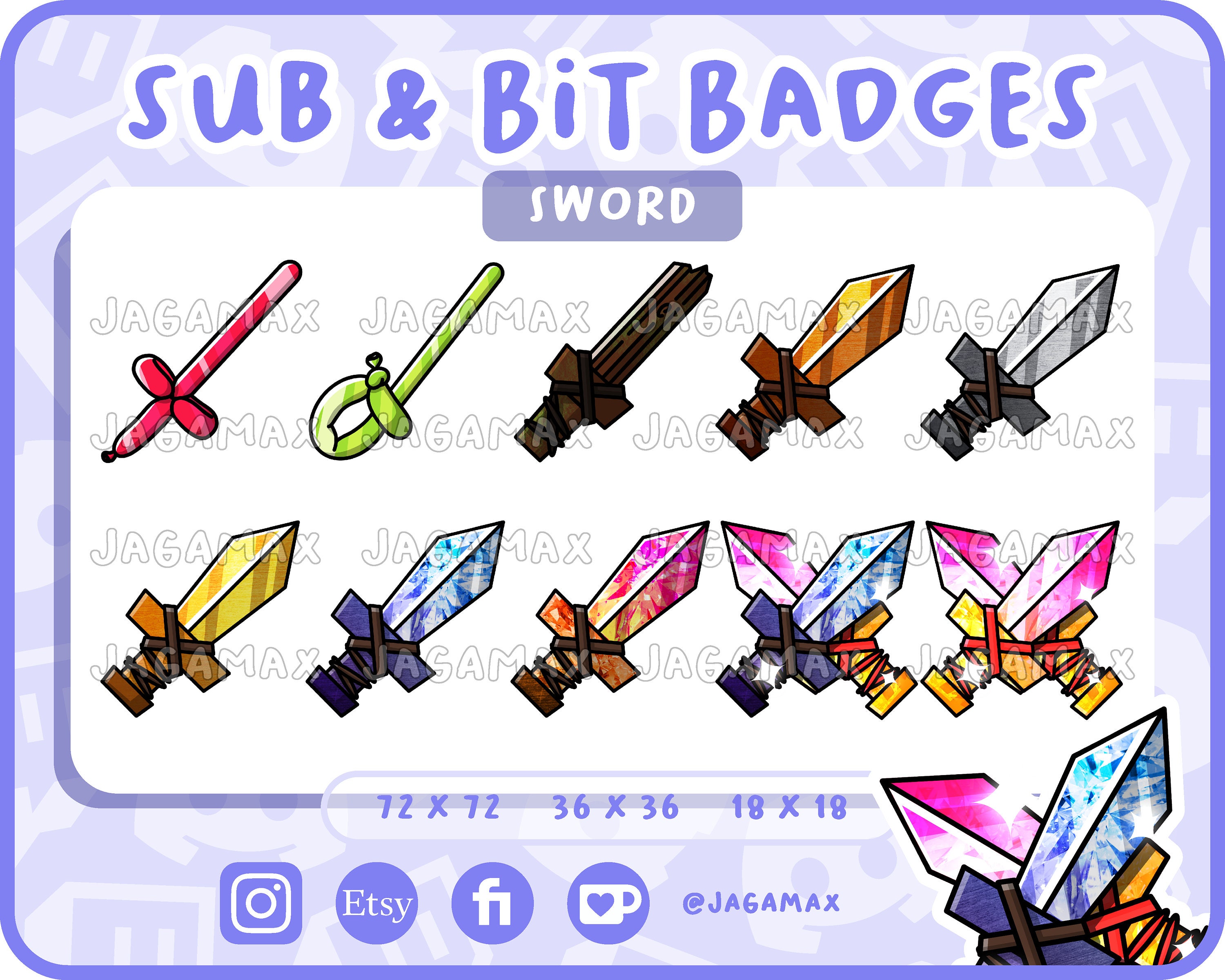 10x Twitch Sub / Bit Badges - Kawaii Sword / Blade / Sabre / Balloon ...
