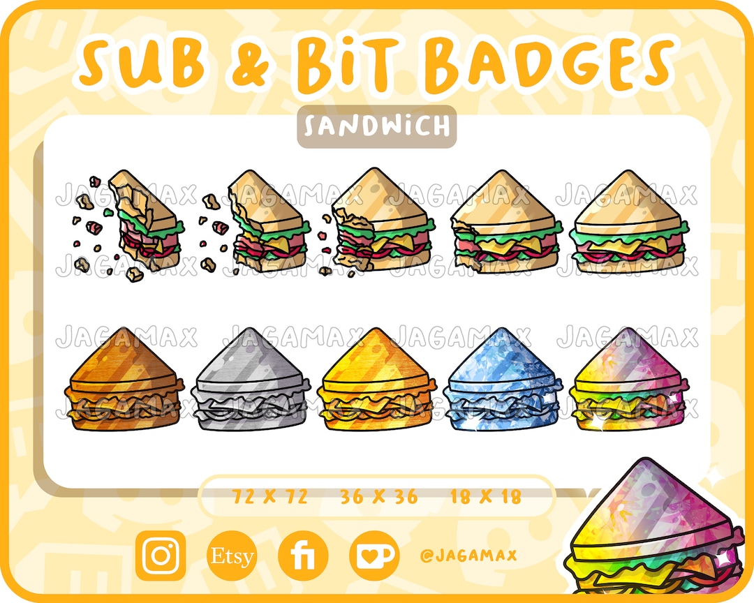 10x Twitch Sub / Bit Badges - Cute Kawaii Sandwich / Bread / Glitter ...