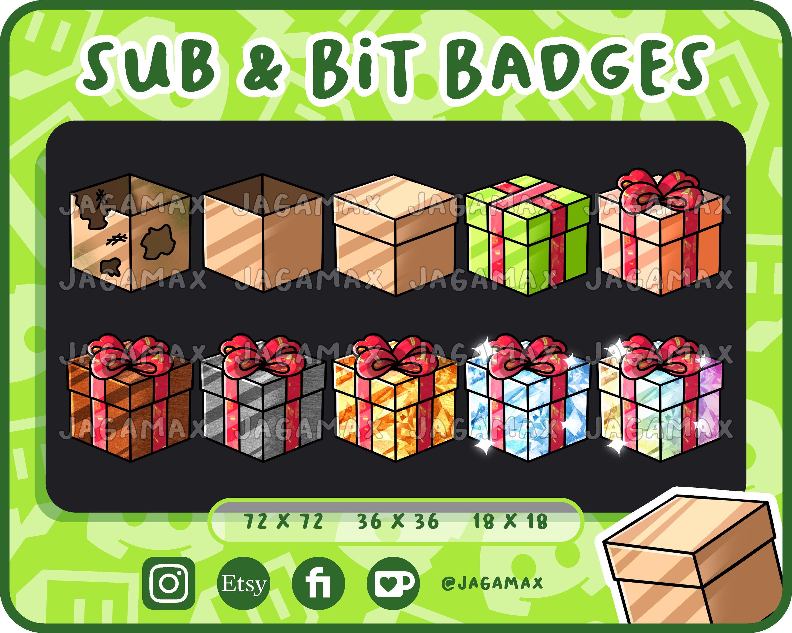 10x Twitch Sub / Bit Badges - Gift / Box / Cardboard / Sub Badges for ...