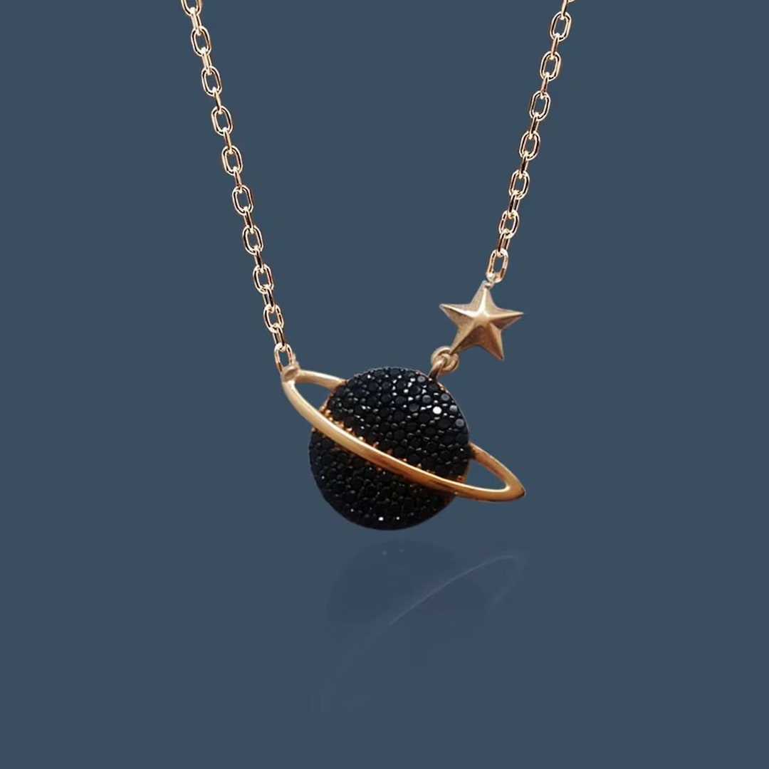 Planet Black Stone Rose Gold Necklace, Saturn, Birthday Gift, Space ...