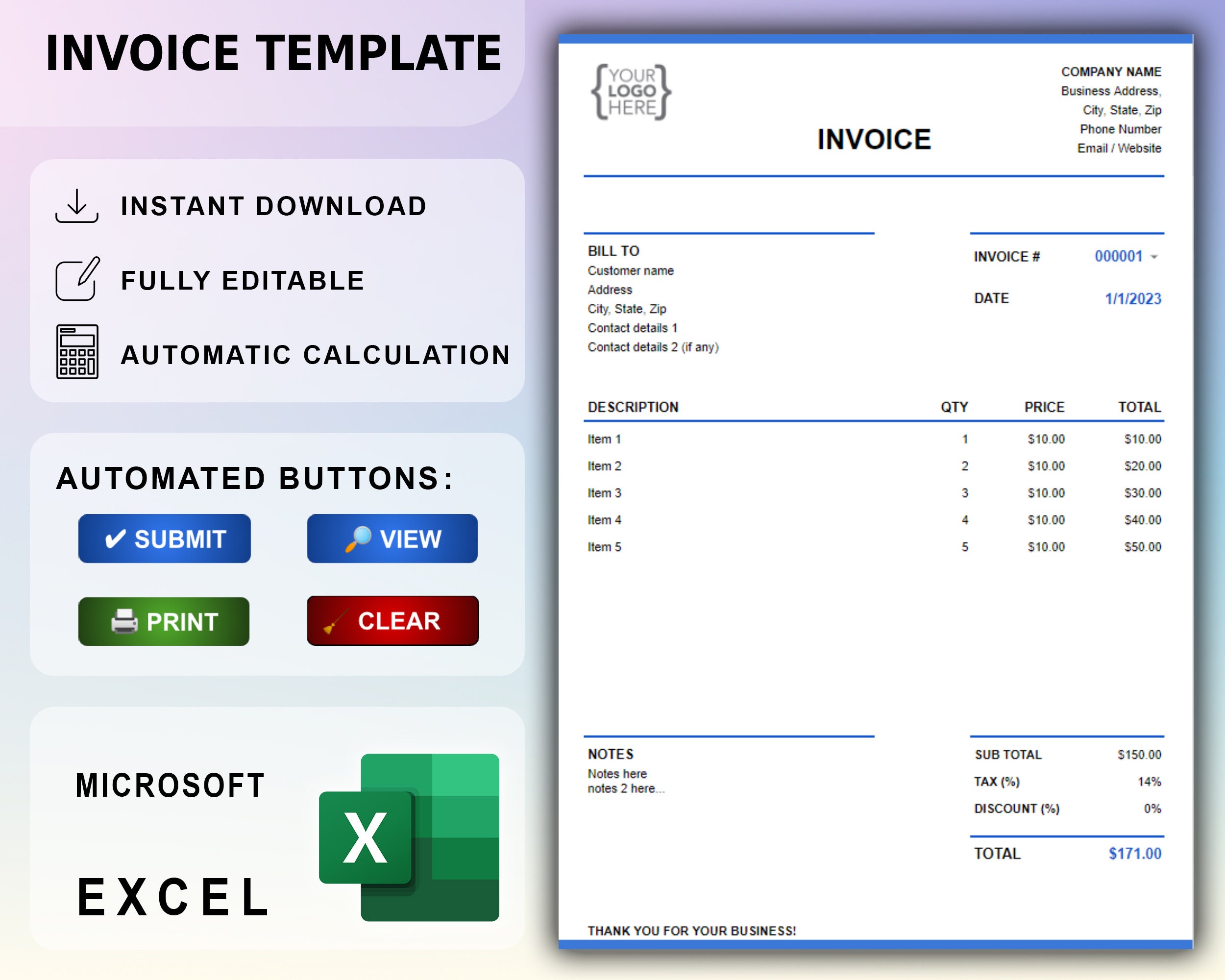Excel Invoice Template, Automated Invoice Spreadsheet, Editable Invoice ...