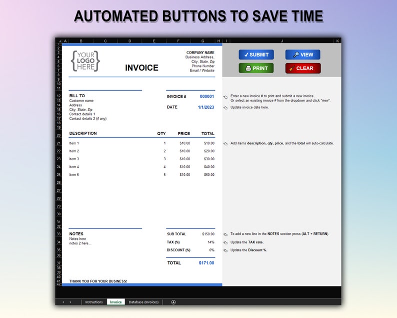 Excel Invoice Template, Automated Invoice Spreadsheet, Editable Invoice ...