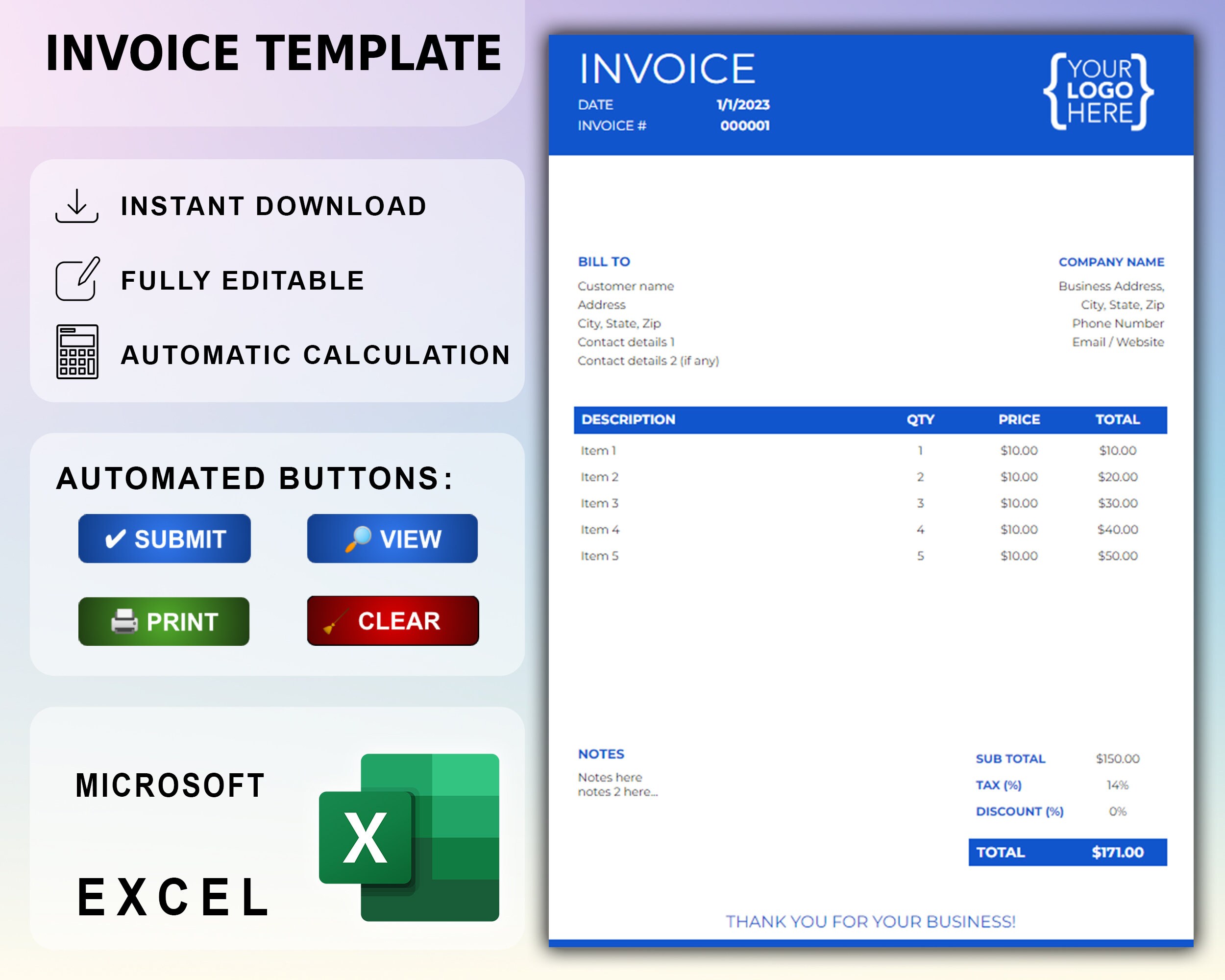 Excel Invoice Template, Automated Invoice Spreadsheet, Editable Invoice ...
