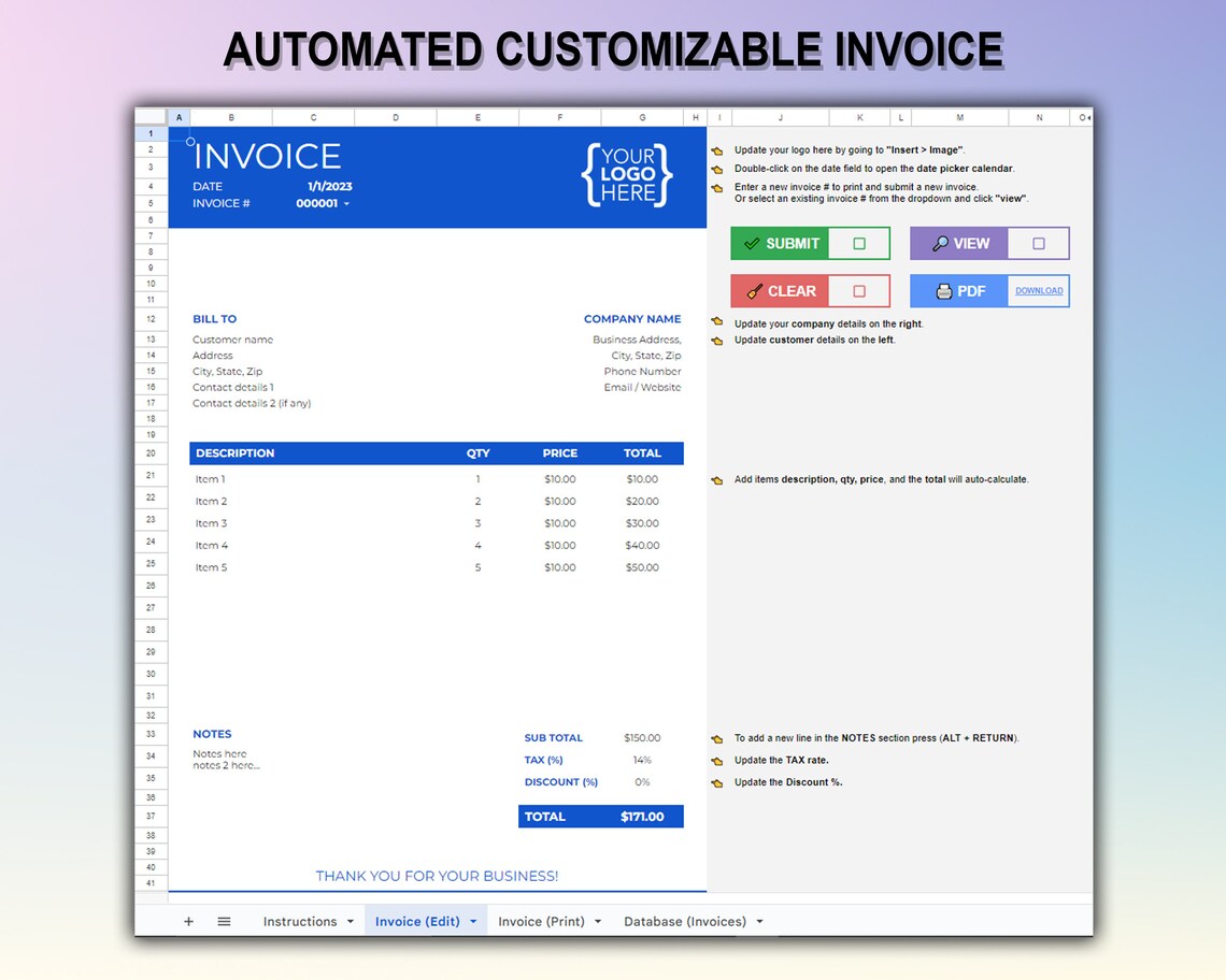 Google Sheets Invoice Template, Automated Invoice Spreadsheet ...