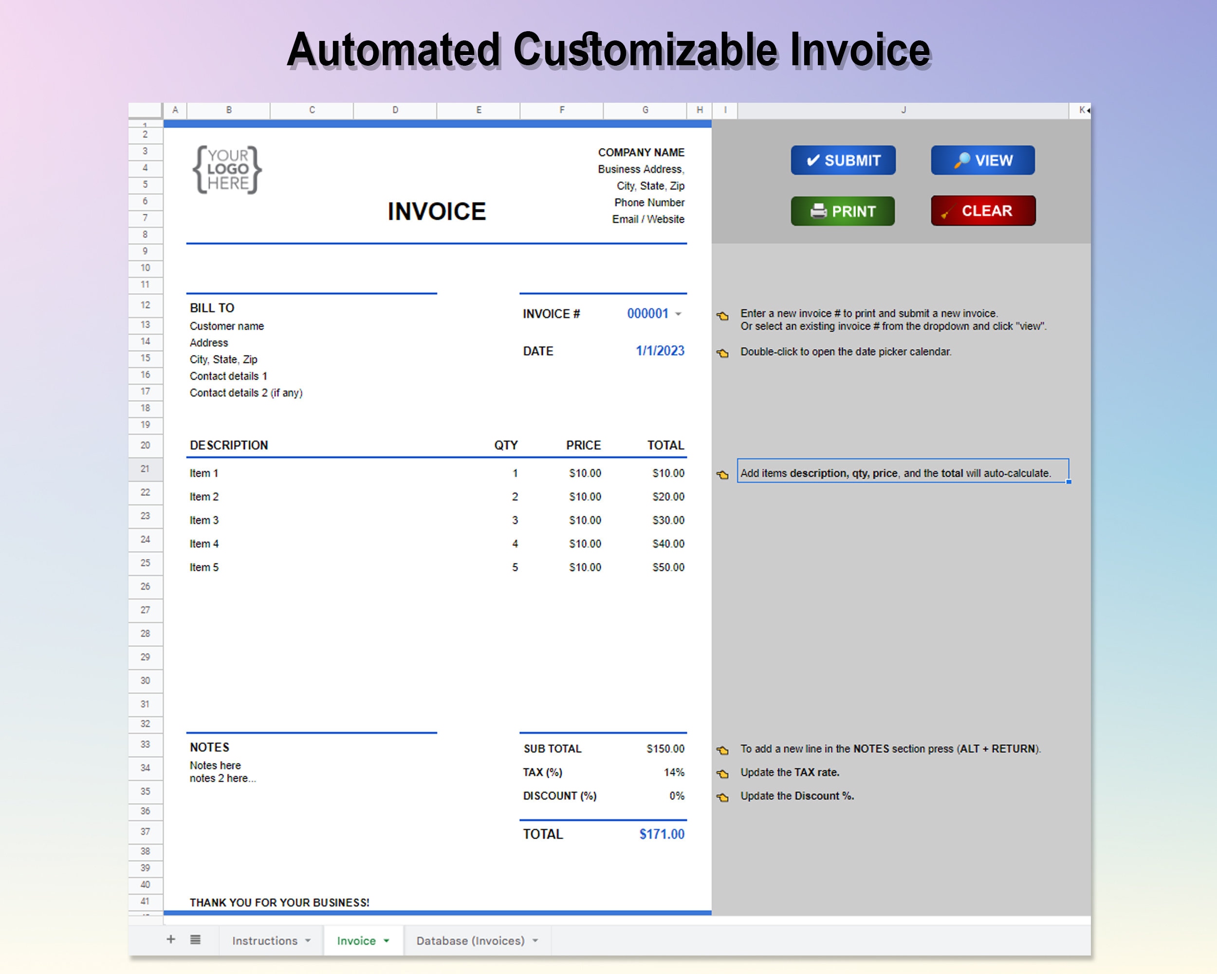 Google Sheets Invoice Template Automated Invoice Spreadsheet - Etsy UK