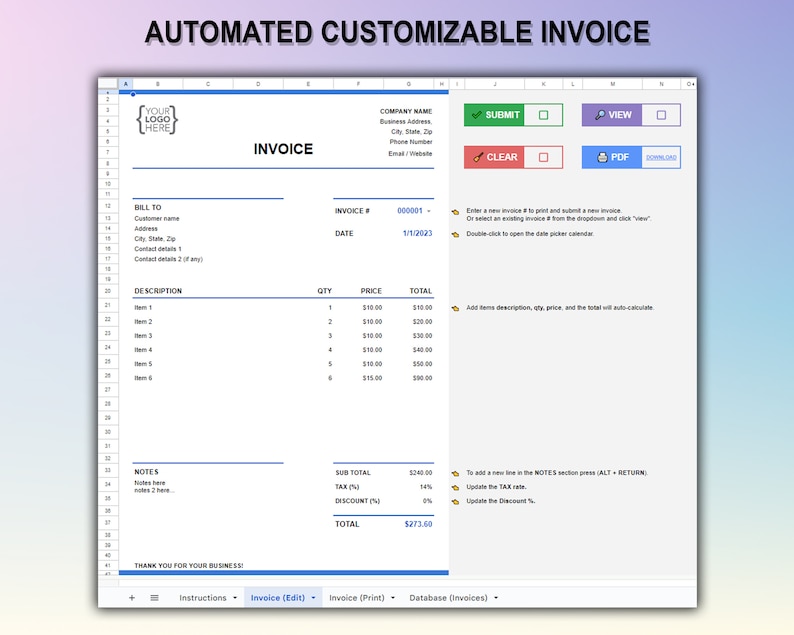 Google Sheets Invoice Template, Automated Invoice Spreadsheet ...