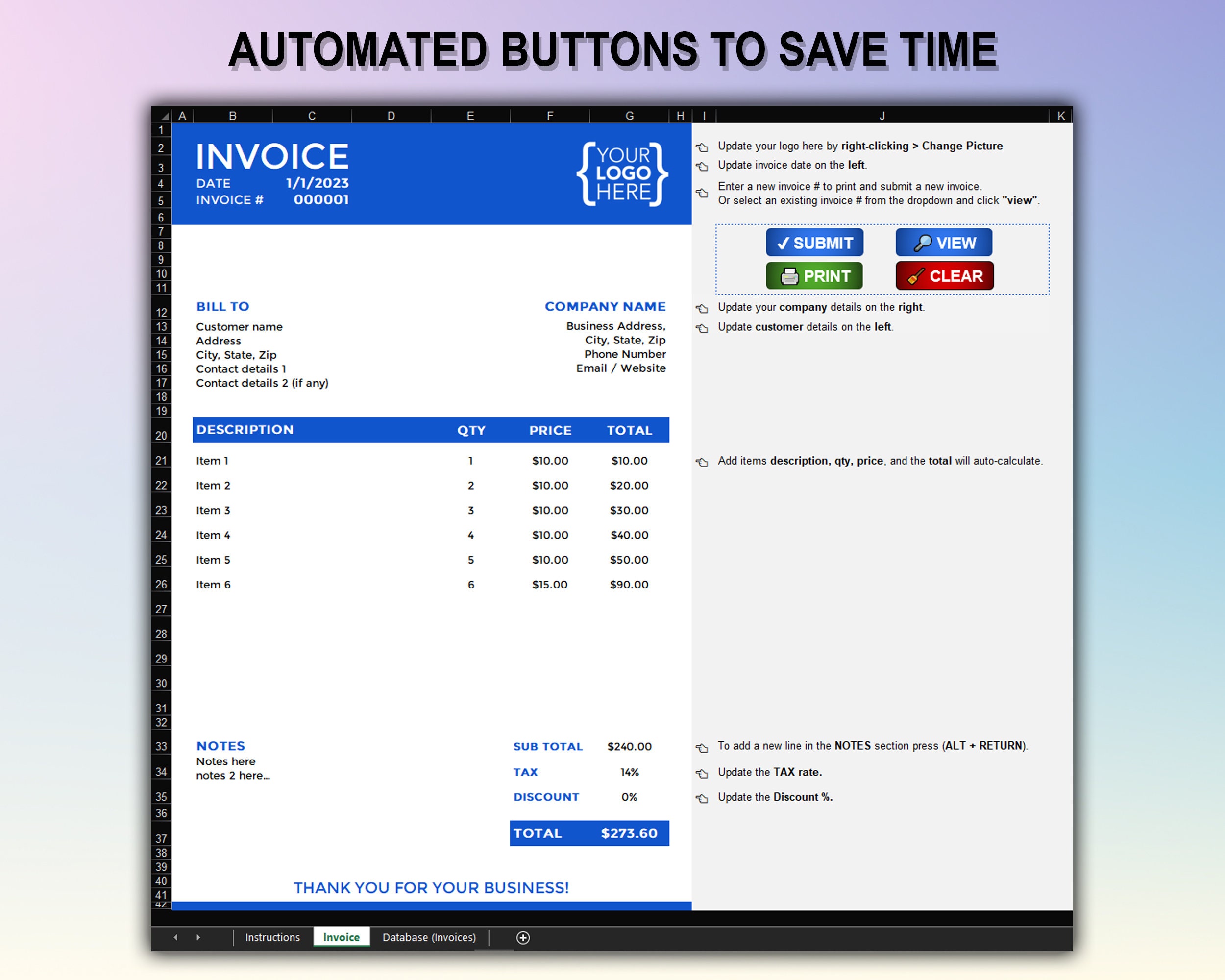 Excel Invoice Template, Automated Invoice Spreadsheet, Editable Invoice, Instant Digital ...