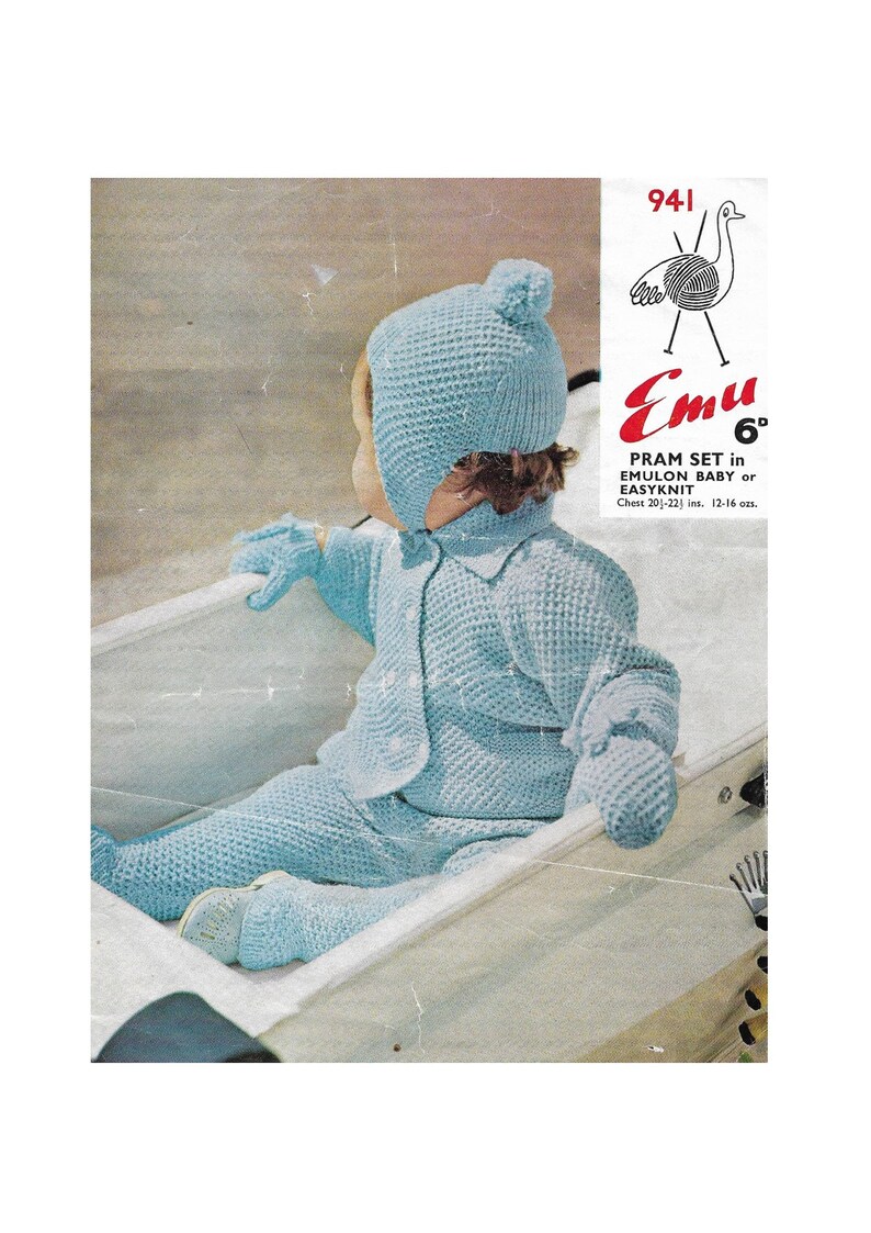 Vintage Knitting Pattern Baby Pram Set Jacket, Leggings, Hat & Mittens ...