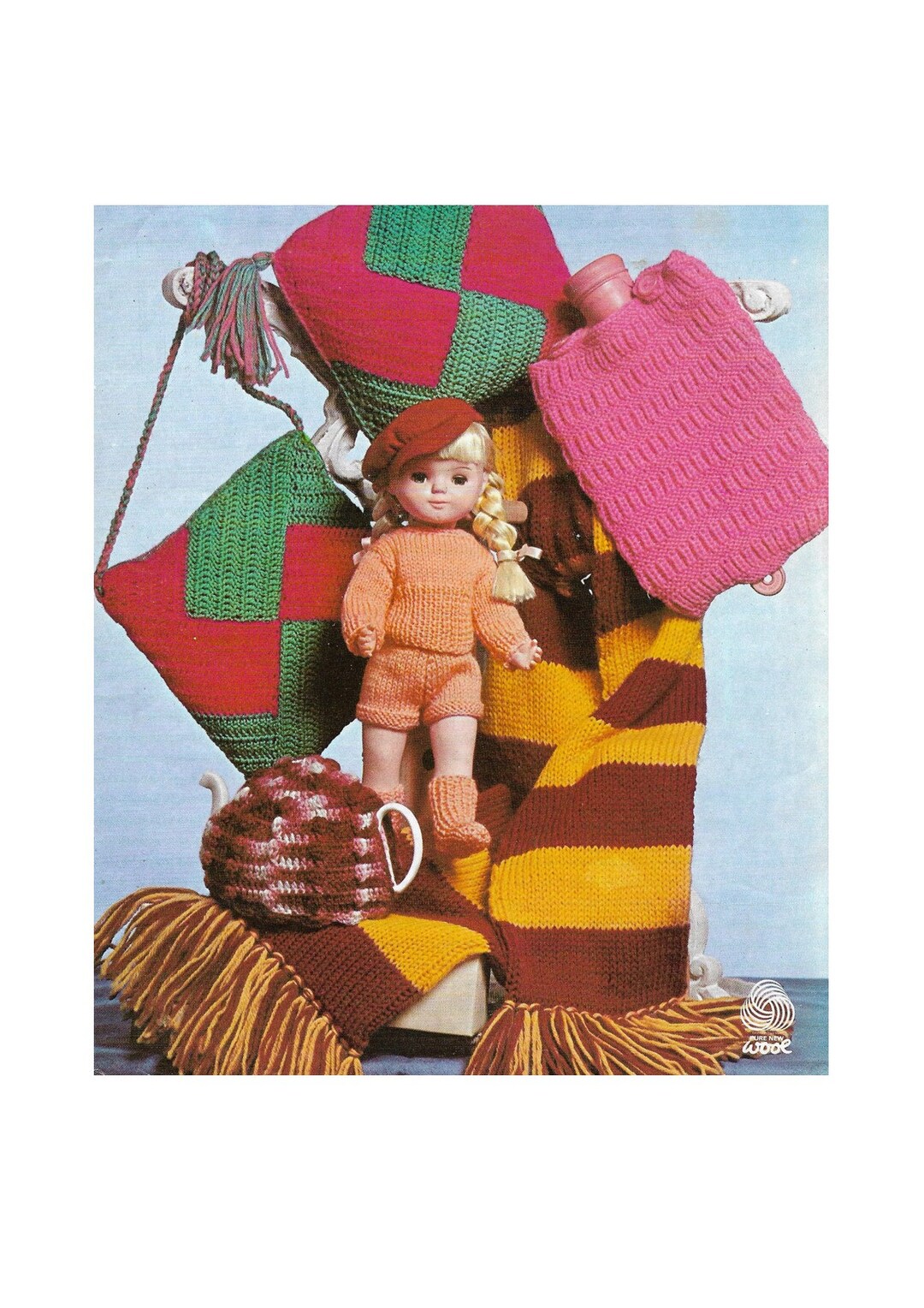 Vintage Knitting Pattern Bazaar Items, Bag, Scarf, Tea Cosy, Cushion ...