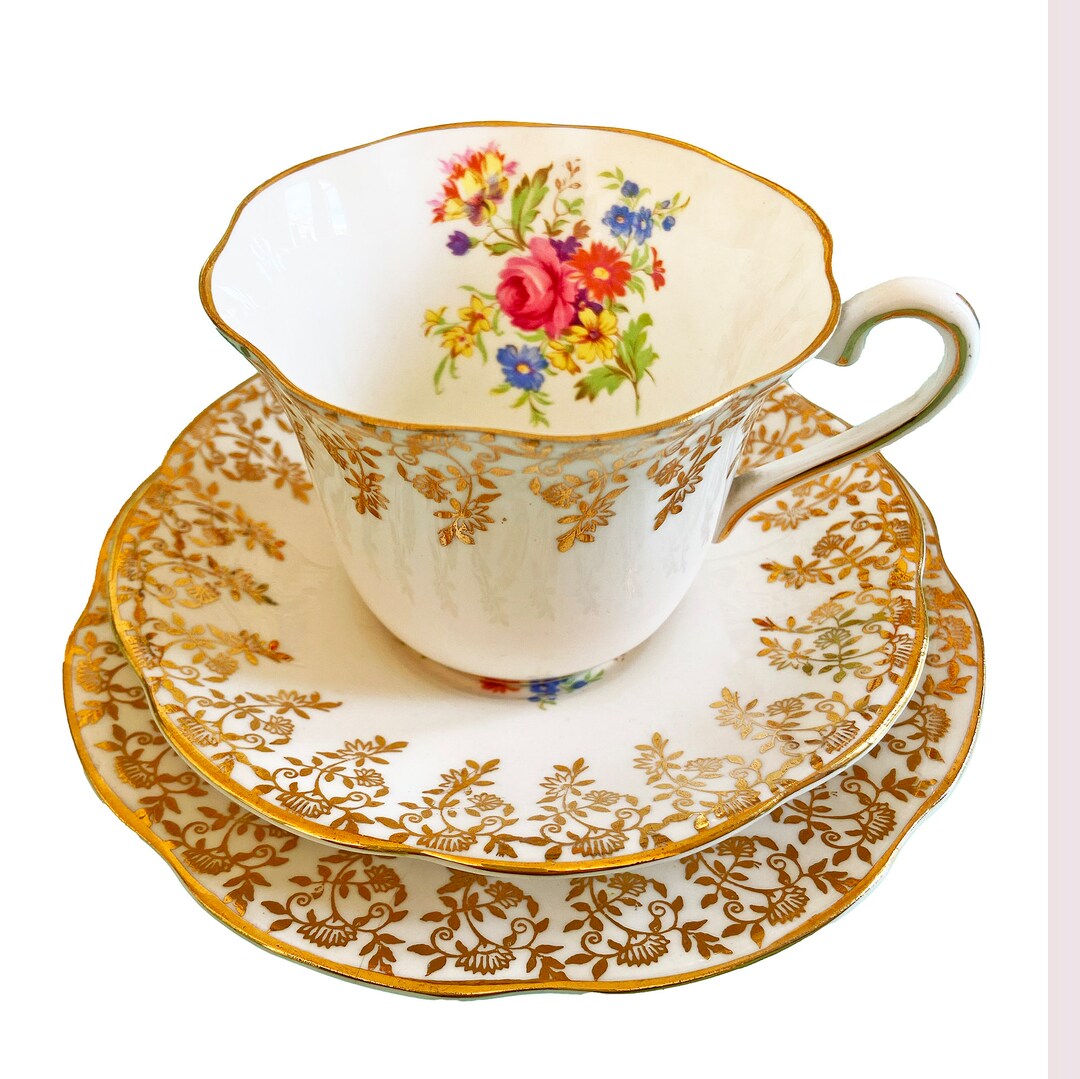 Clare Teacup Trio With Floral 22K Gold Filigree on White Bone China ...