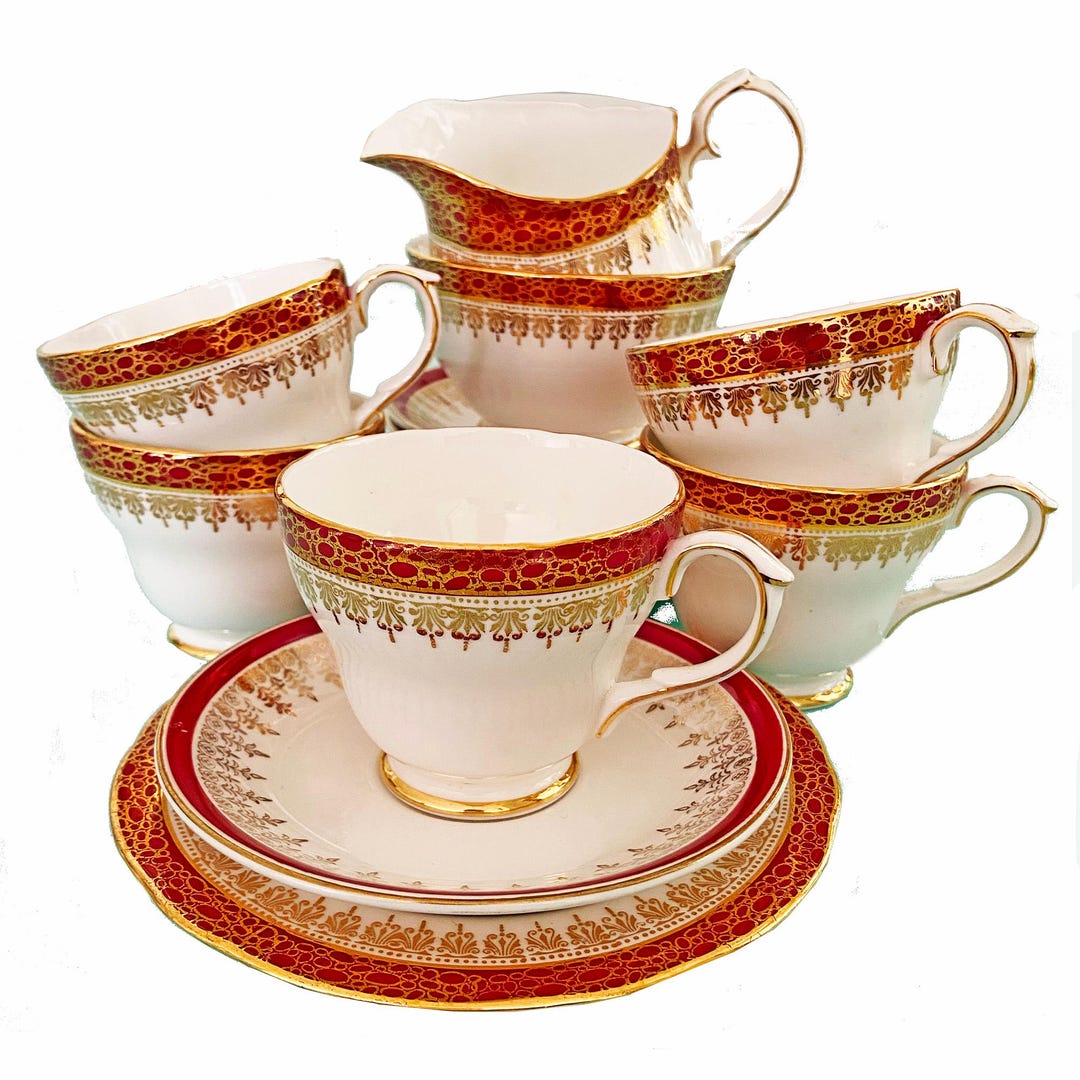 Duchess Burgundy Winchester Design Tea Set - Five Cup, Saucer and Plate Trios, Milk Jug and ...