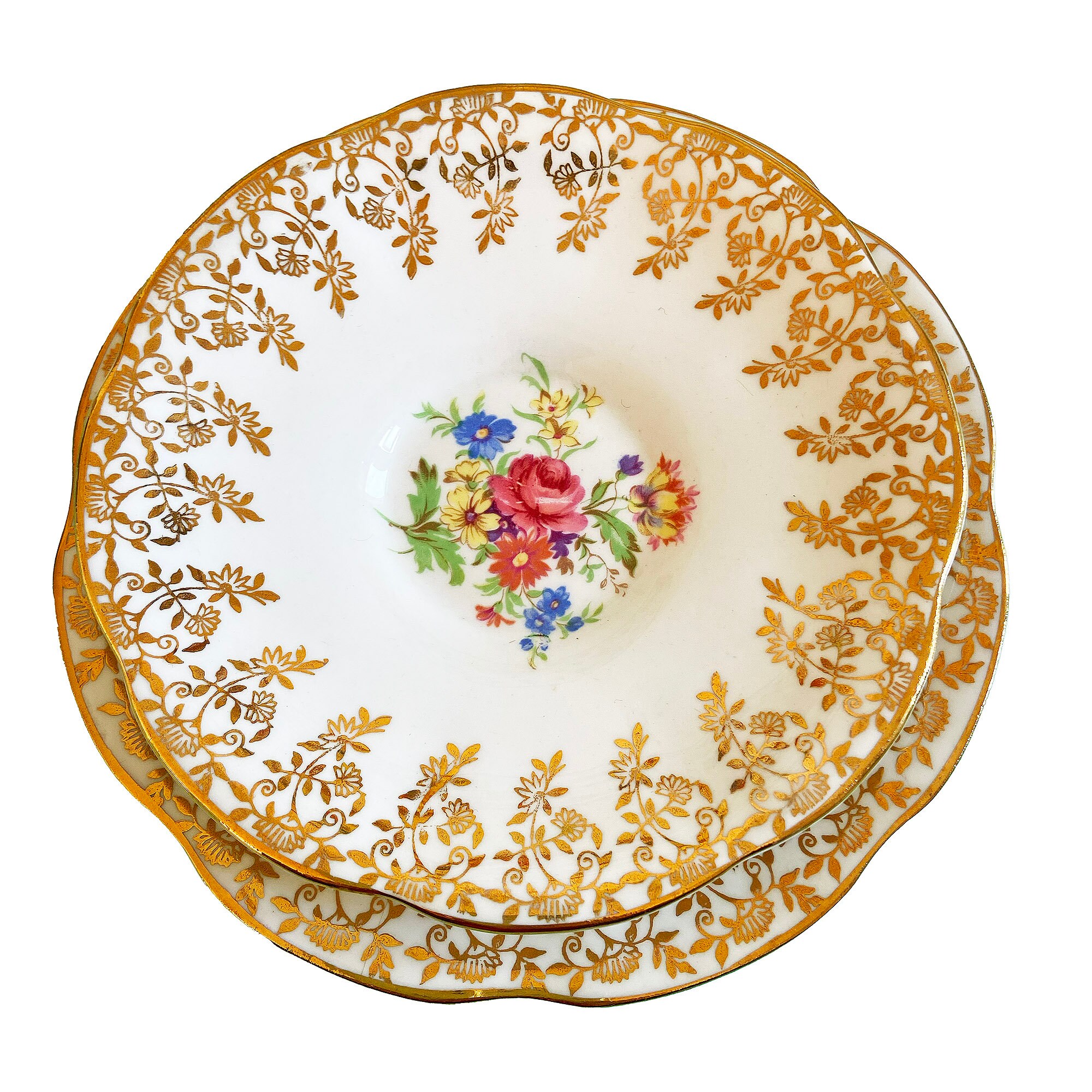 Clare Teacup Trio With Floral 22K Gold Filigree on White Bone China ...