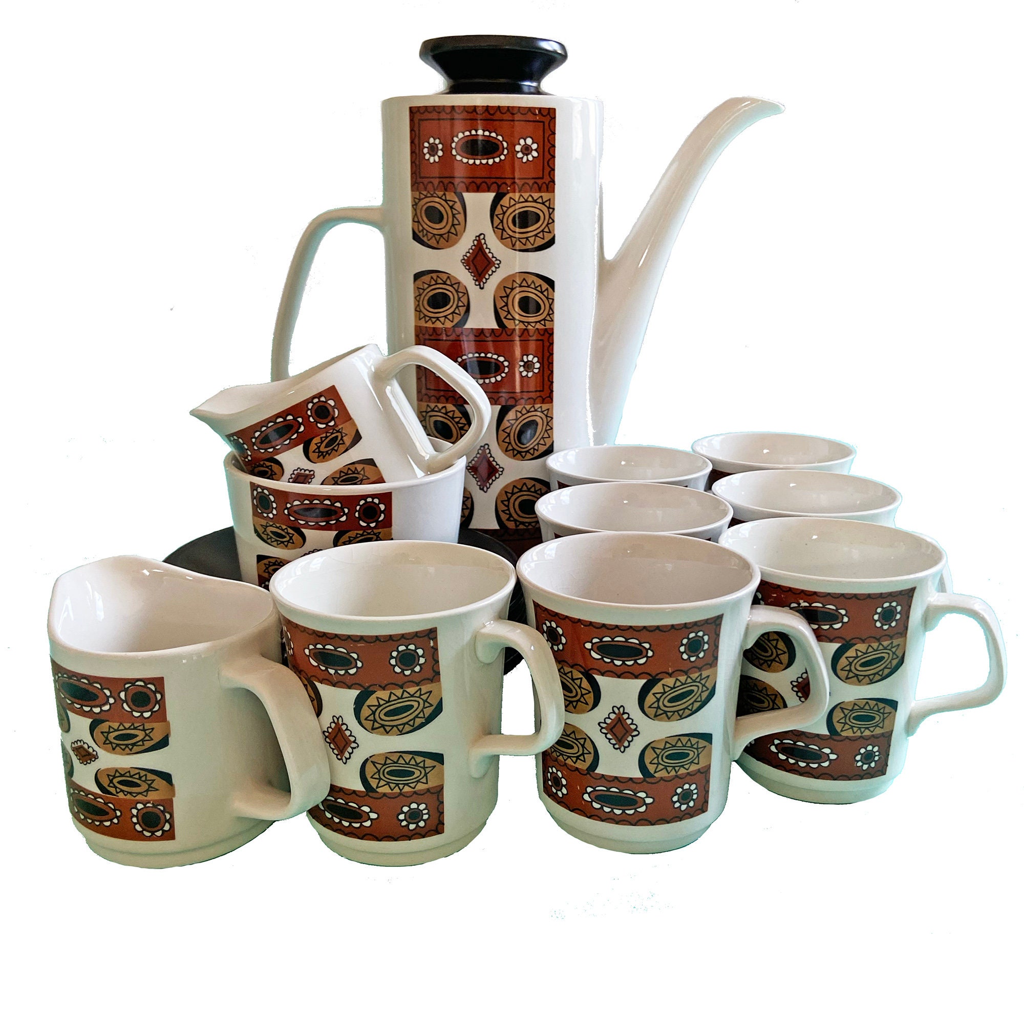 Alfred Meakin Maori Design Coffee Set. 6 Cups and Saucers also 1 Spare ...