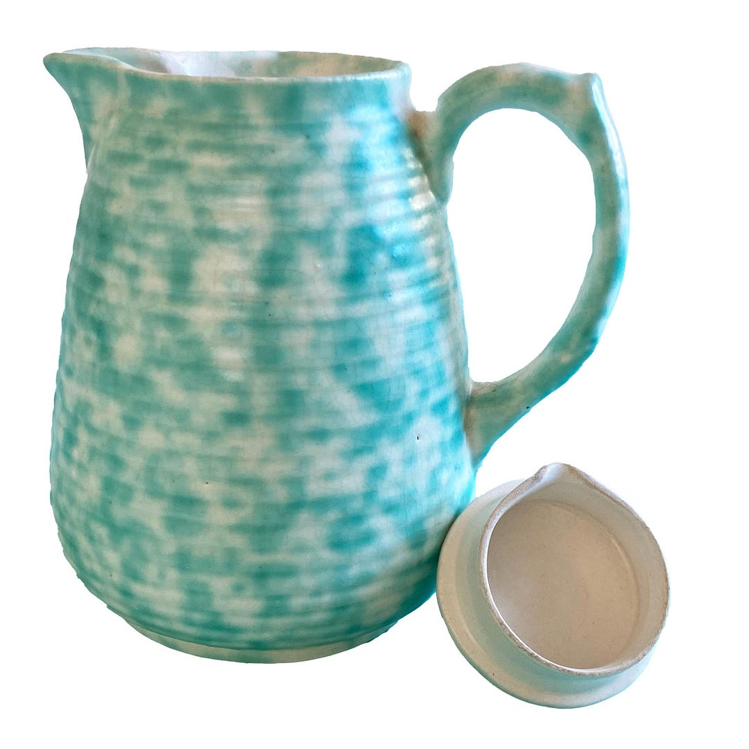 Pale Mottled Green, Ribbed, 1930s Hand Thrown Earthenware Country Jug ...