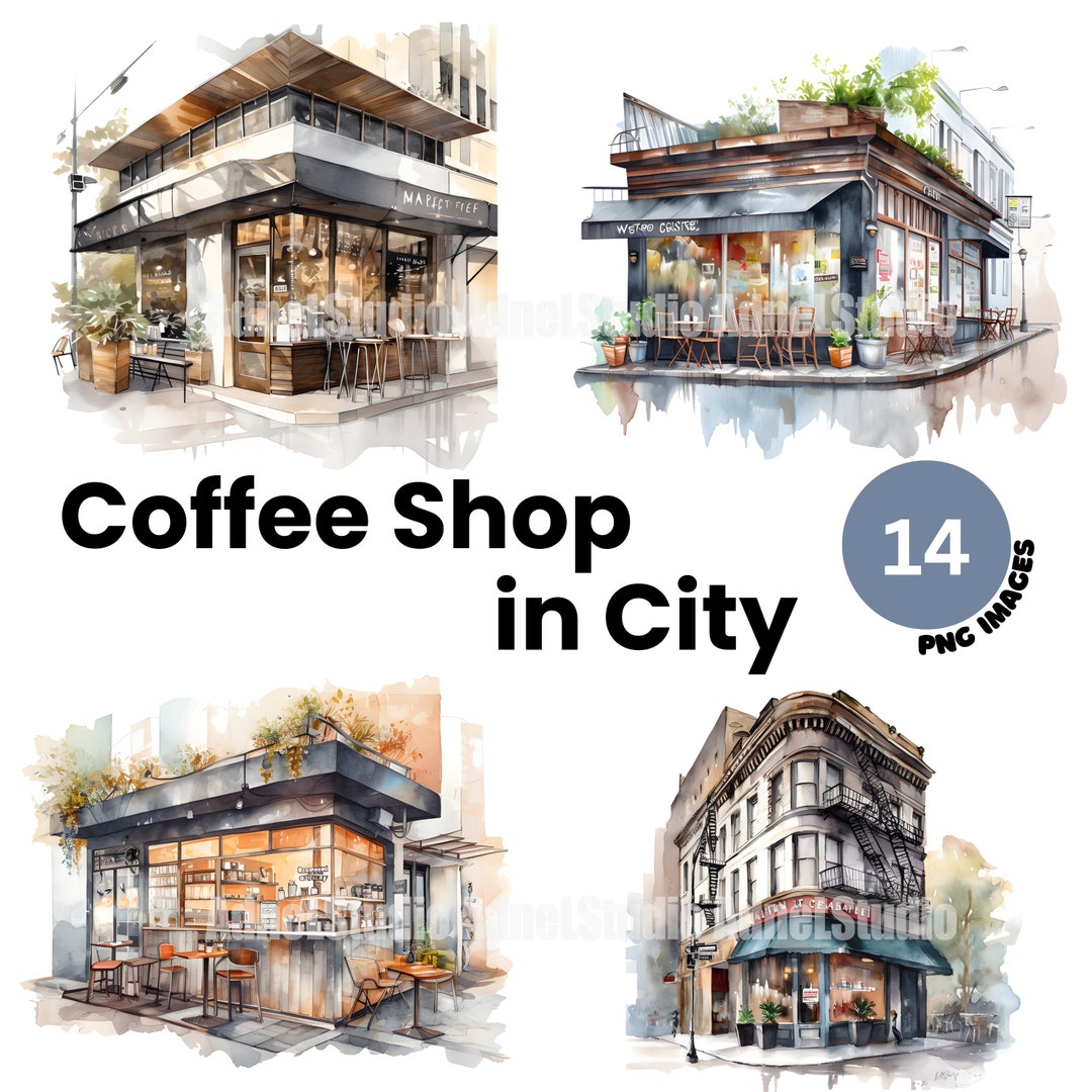 Watercolor Modern Coffee Shop in City Clipart -14 High Quality Cafe PNG ...