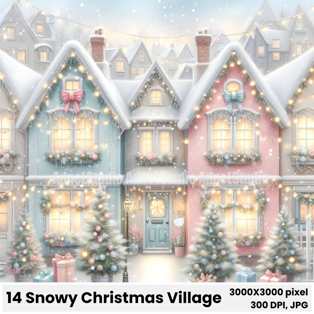 Snowy Christmas Village Clipart Bundle, Cozy Winter Houses With Holiday ...