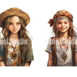 Little Bohemian Girl Clipart, Watercolor Boho Girl Clipart, Bohemian ...