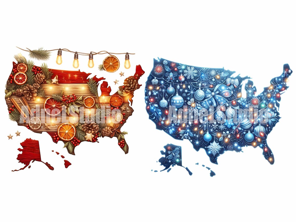 Christmas USA Map Clipart, Festive Holiday USA Map Digital Download ...