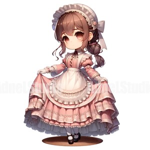 Watercolor Victorian Maid Girl Clipart, Chibi Girl Clipart, Little Pink ...