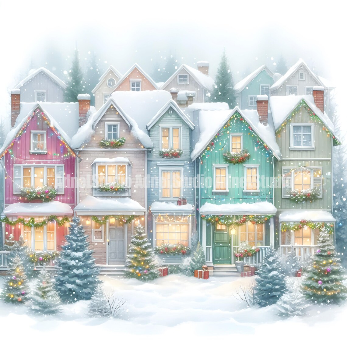Snowy Christmas Village Clipart Bundle, Cozy Winter Houses With Holiday ...