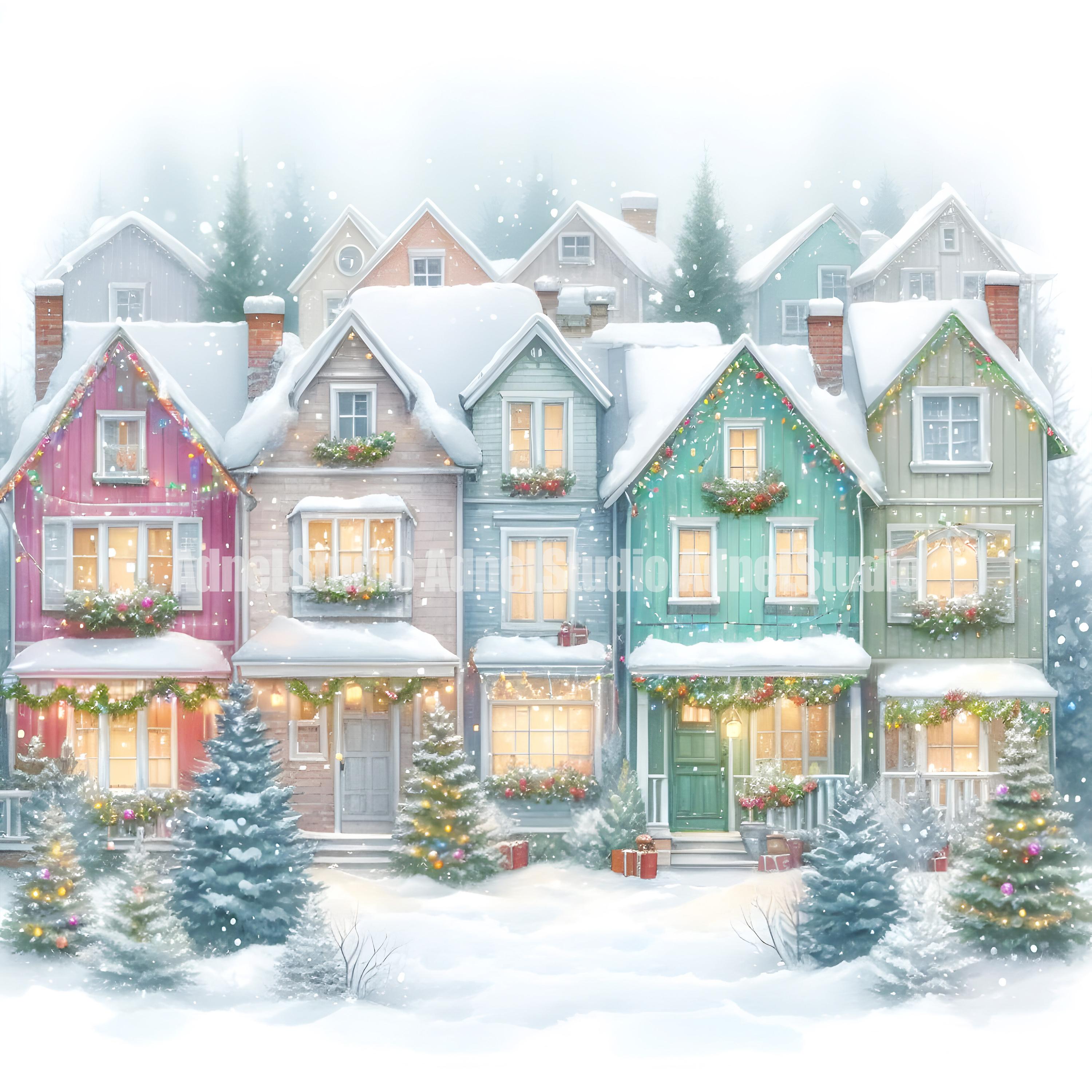Snowy Christmas Village Clipart Bundle, Cozy Winter Houses With Holiday ...