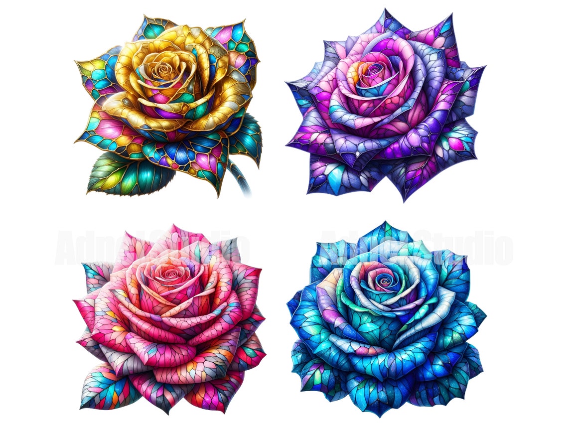 Stained Glass Rose Clipart Bundle, Stained Glass Rose Wall Art, Rose ...