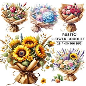 Watercolor Rustic Flower Bouquet Clipart, Watercolor Floral PNG Set ...