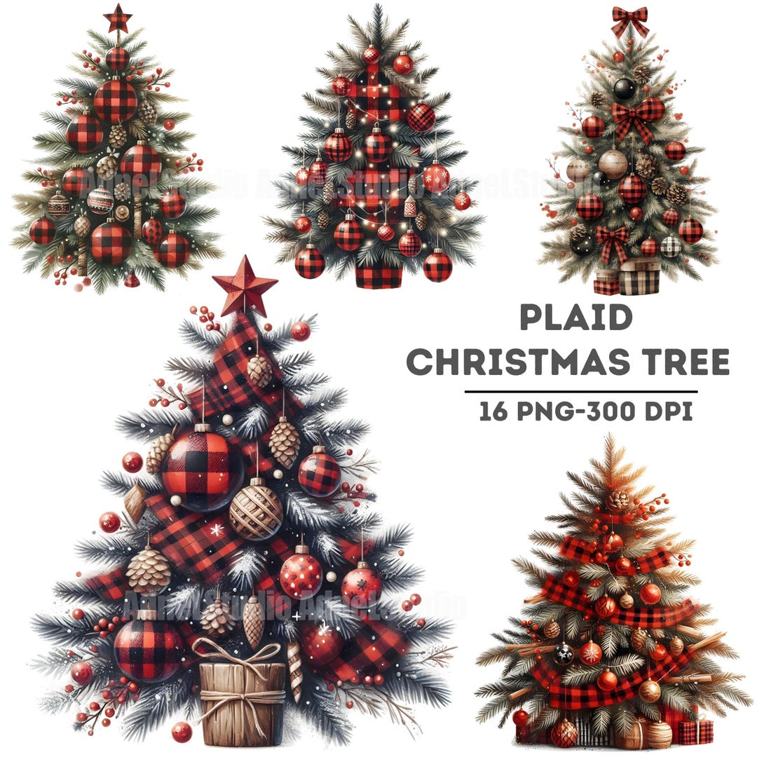 Plaid Christmas Tree Clipart Bundle, Rustic Buffalo Plaid Holiday Tree ...