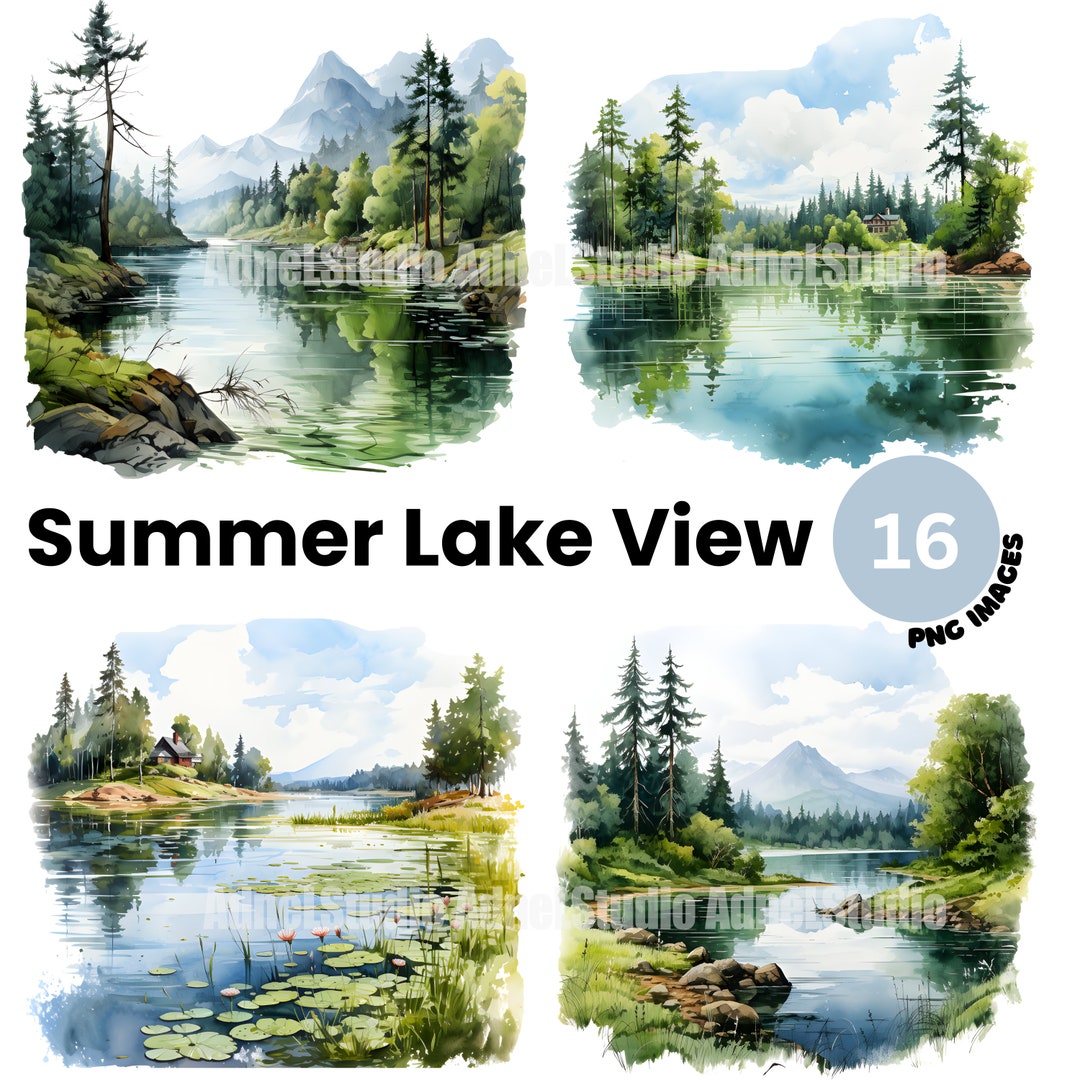 Summer Lake View Clipart - Watercolor Lake Clipart, Summer Landscape ...