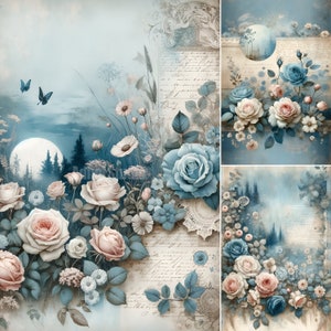 Vintage Blue Rose Junk Journal, Shabby Paper Roses, Vintage Victorian ...