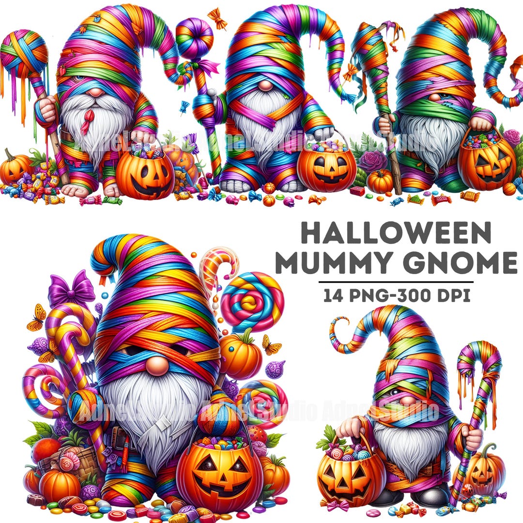 Halloween Mummy Gnome Clipart Bundle, Sweet Candy Gnome PNG, Colorful ...